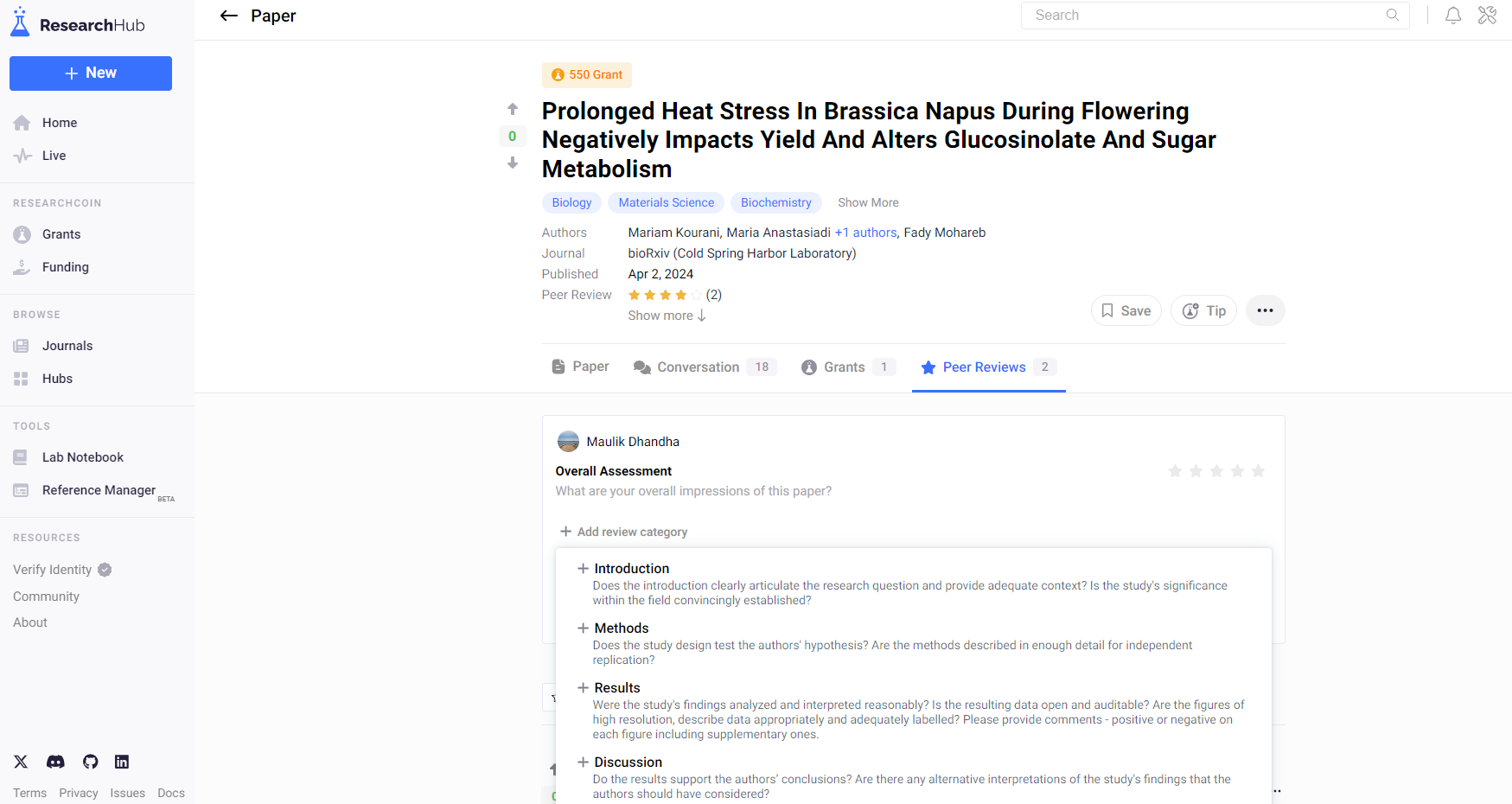 Peer Reviewing on ResearchHub